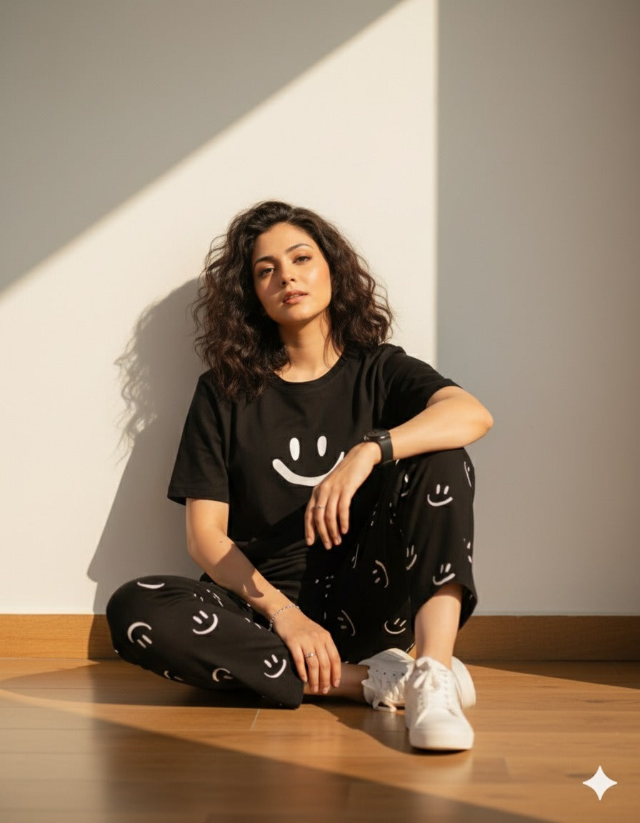 BLACK SMILEY PRINTED - PJ SUIT FOR WOMEN – Zipwear